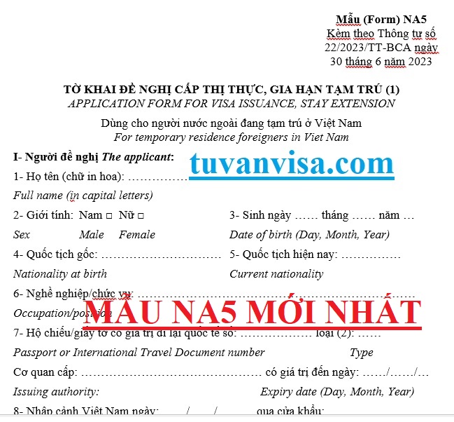 Mẫu NA5 mới nhất xin gia hạn visa cho người nước ngoài